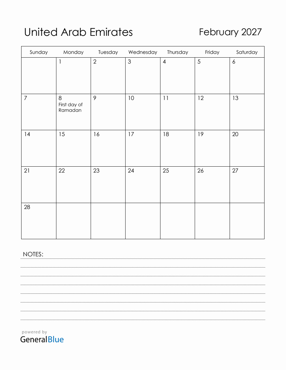 February 2027 United Arab Emirates Calendar with Holidays