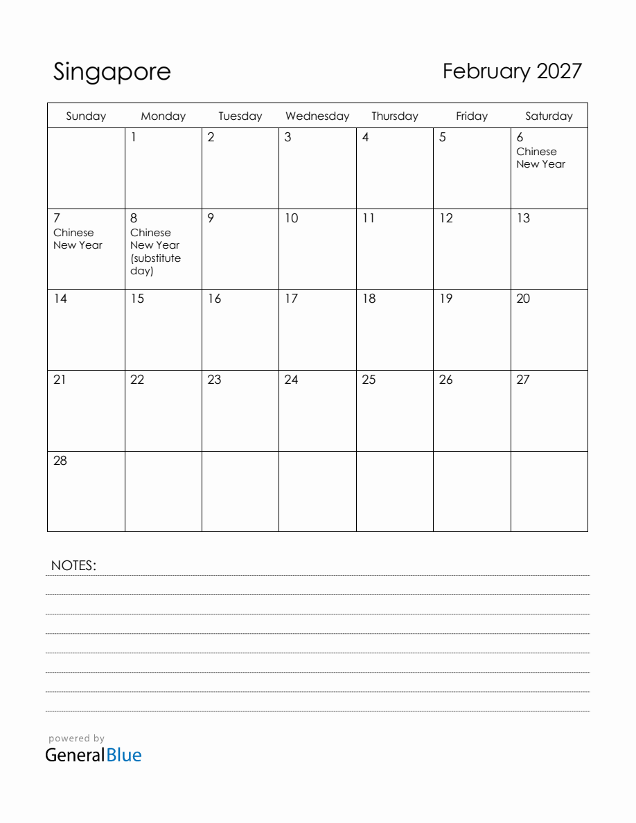 February 2027 Singapore Calendar with Holidays