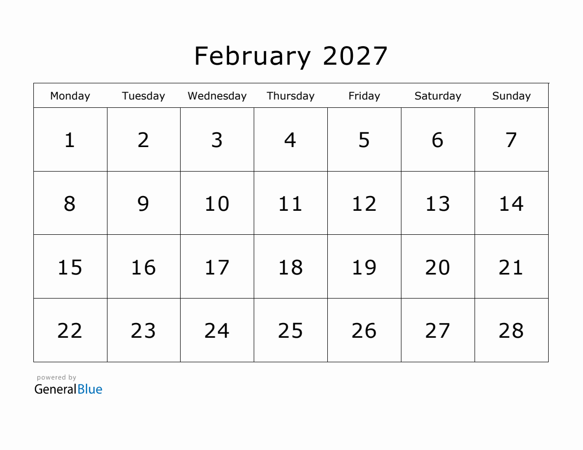 Printable February 2027 Calendar - Monday Start