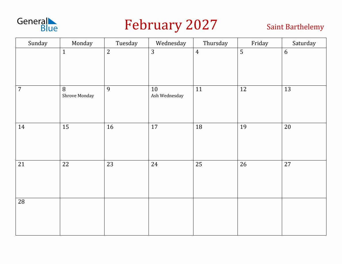 February 2027 Saint Barthelemy Monthly Calendar with Holidays