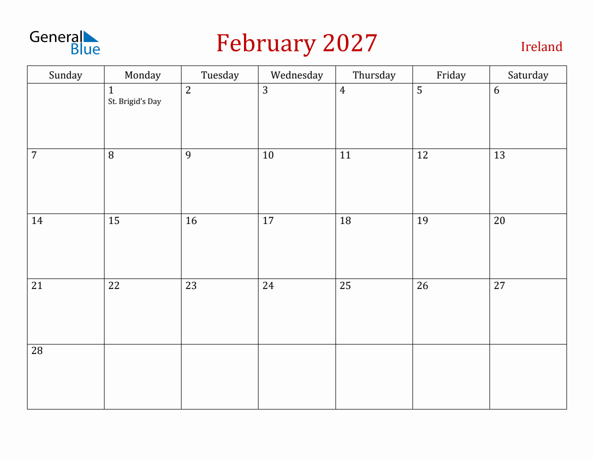 February 2027 Ireland Monthly Calendar with Holidays