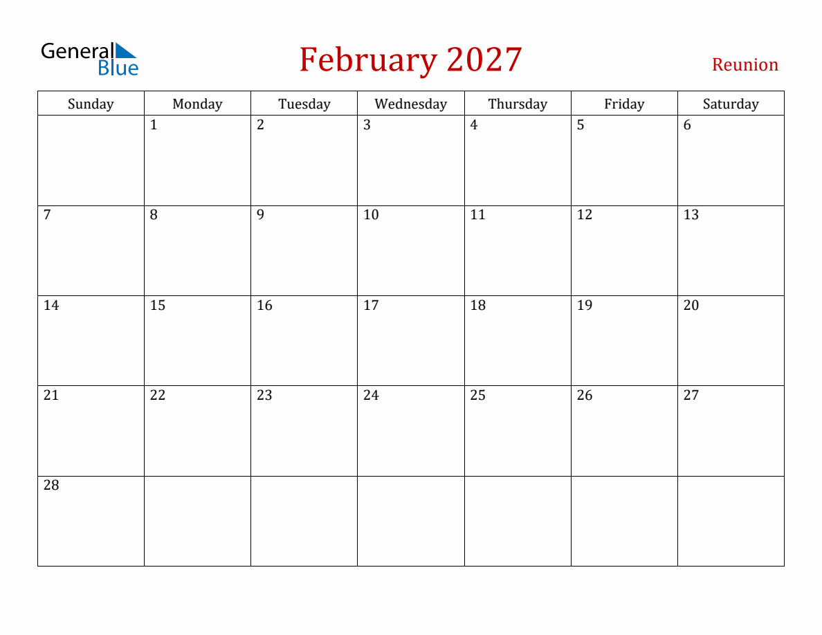 February 2027 Reunion Monthly Calendar with Holidays