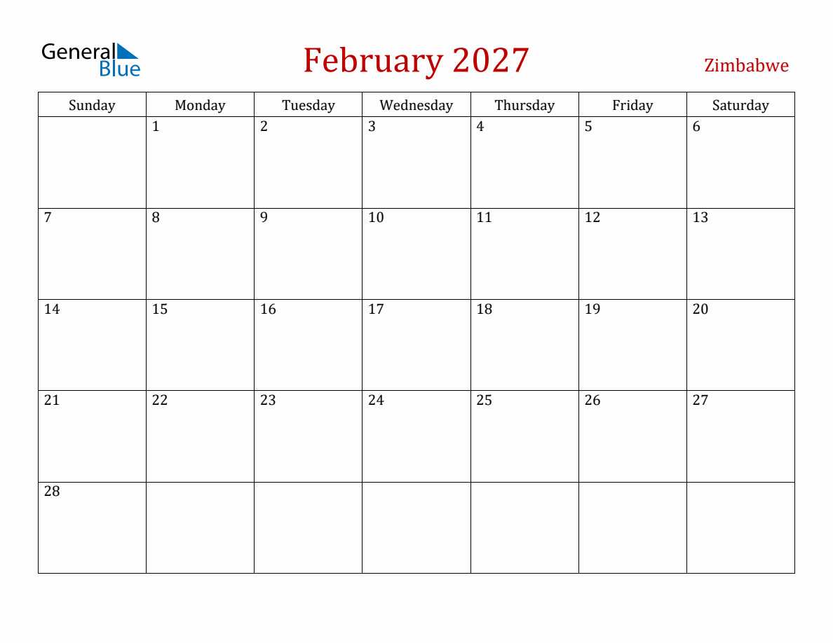 February 2027 Zimbabwe Monthly Calendar with Holidays