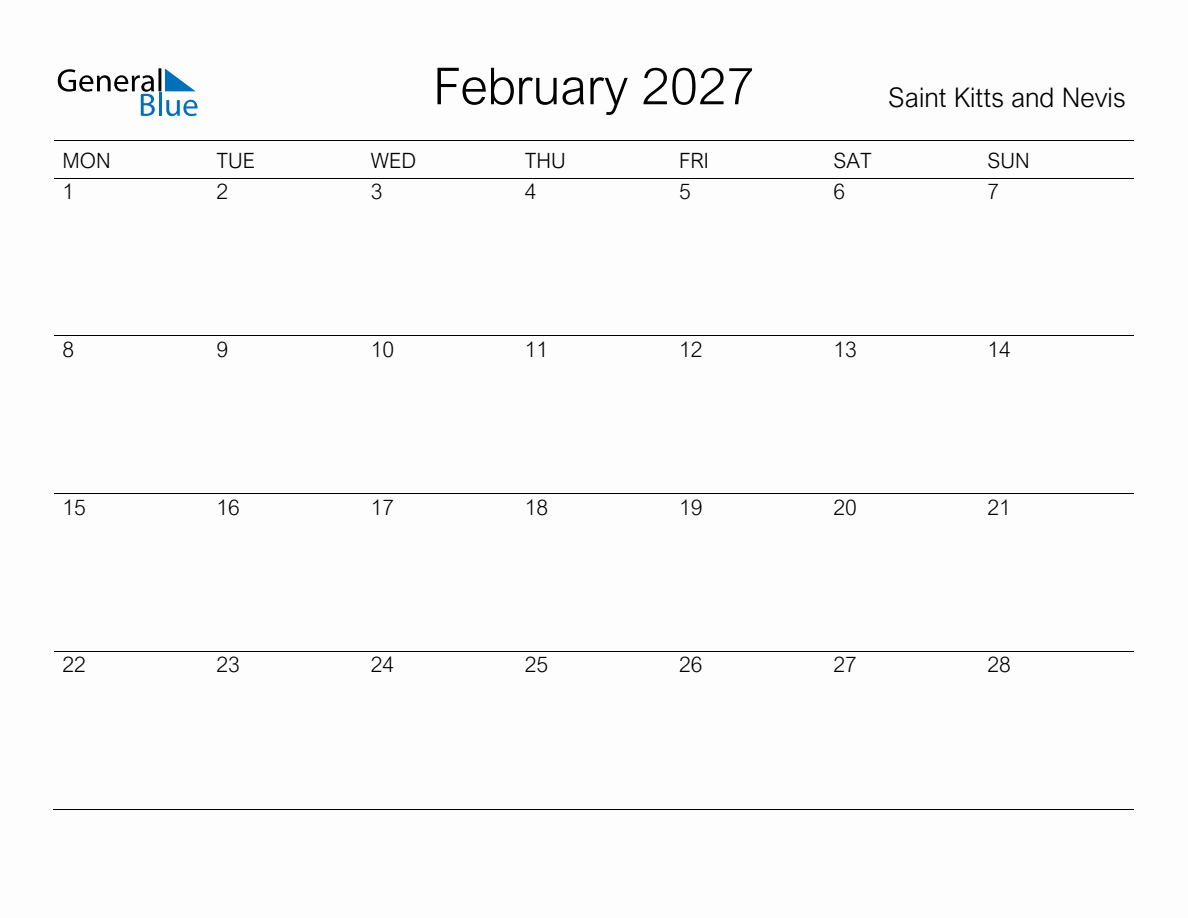 Printable February 2027 Monthly Calendar with Holidays for Saint Kitts ...