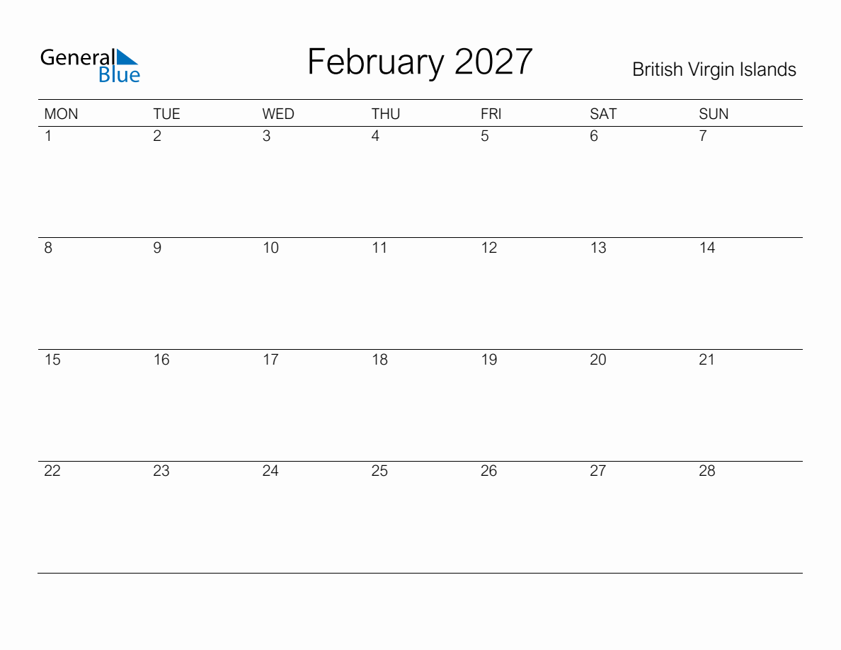 Printable February 2027 Monthly Calendar with Holidays for British ...