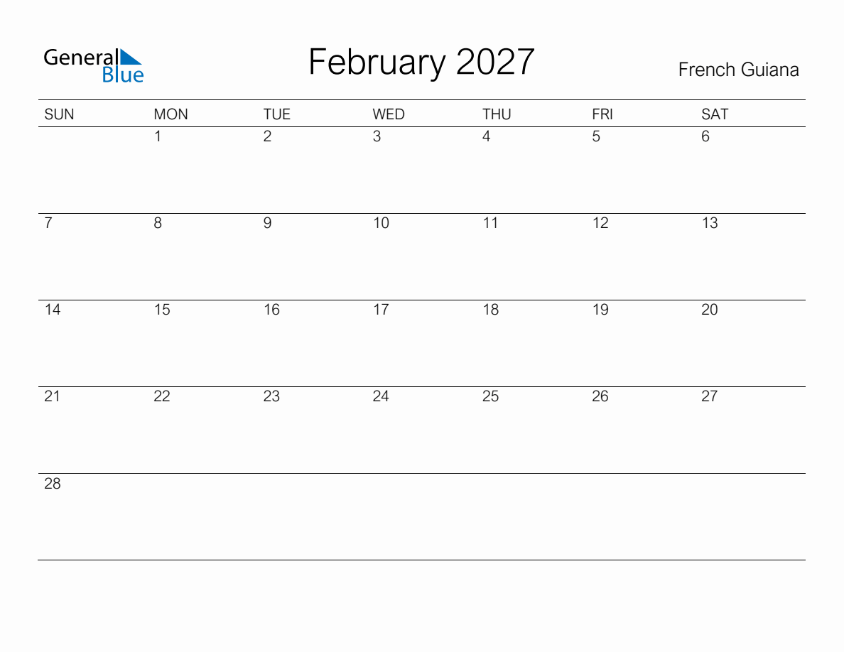 Printable February 2027 Monthly Calendar with Holidays for French Guiana