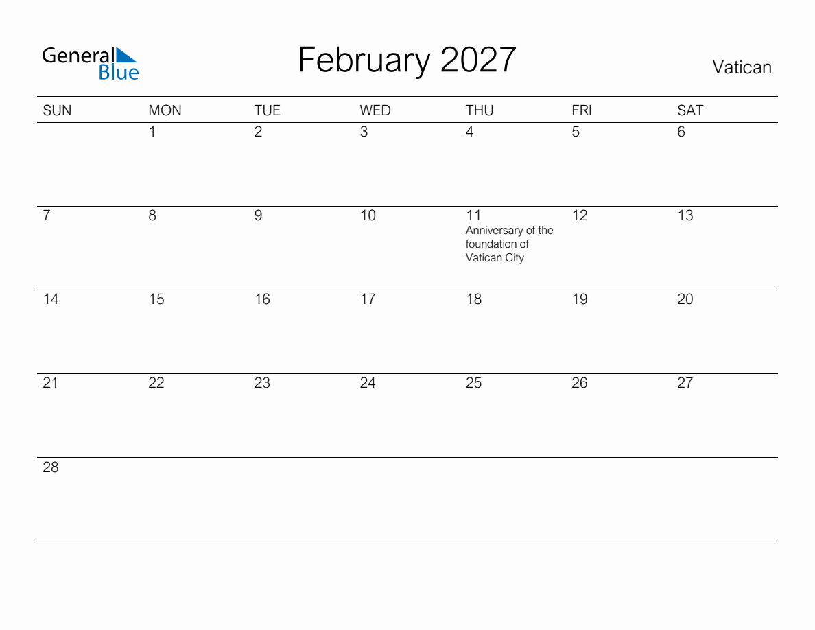 Printable February 2027 Monthly Calendar with Holidays for Vatican