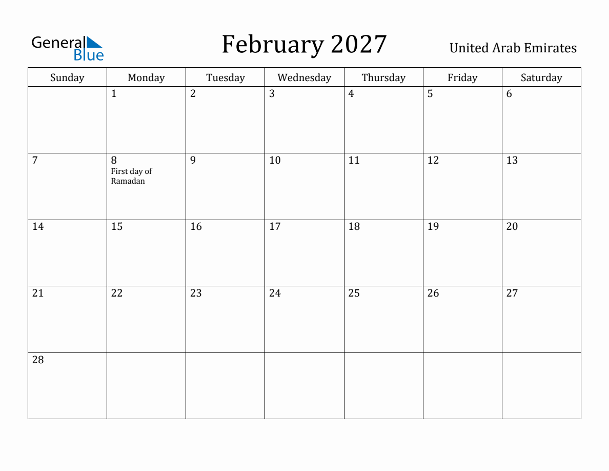 February 2027 Monthly Calendar with United Arab Emirates Holidays