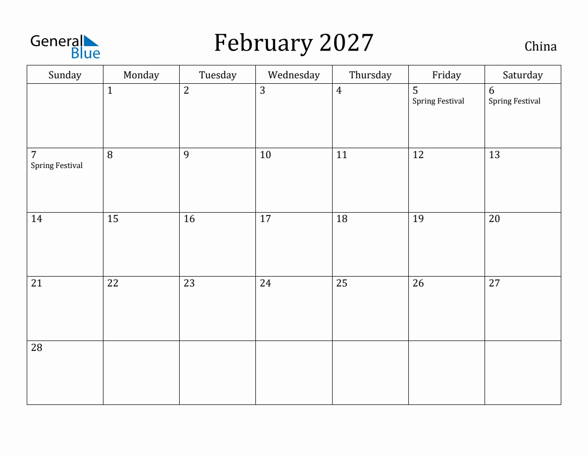 February 2027 Monthly Calendar with China Holidays