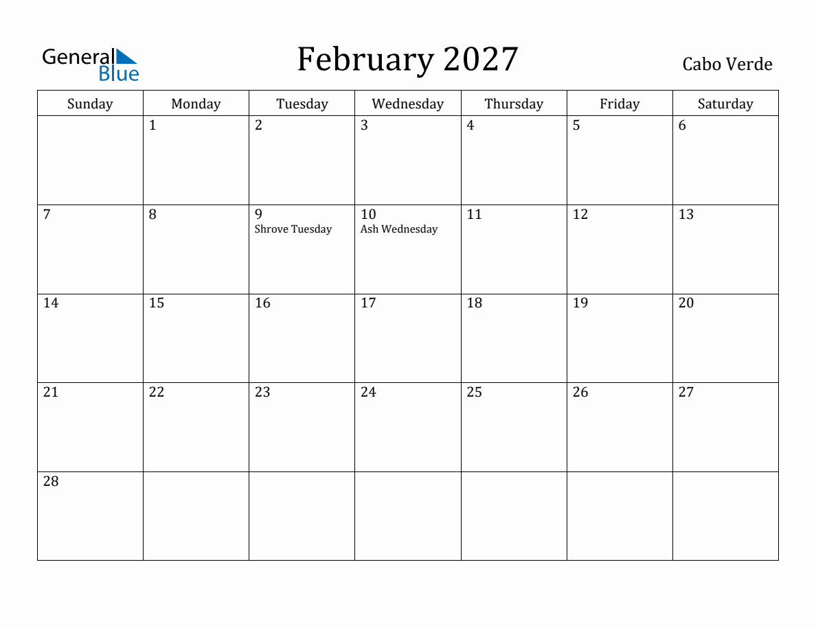 February 2027 Monthly Calendar with Cabo Verde Holidays