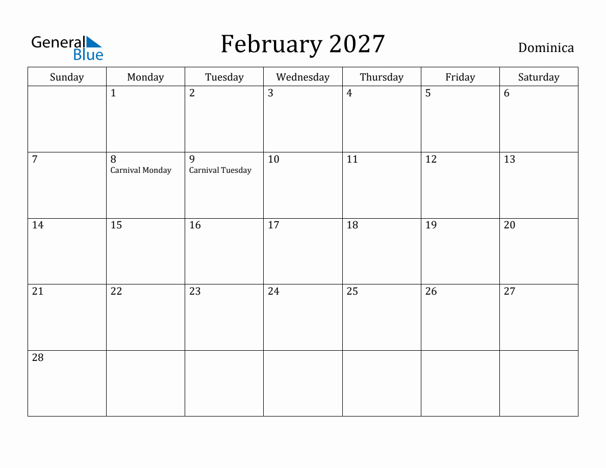 February 2027 Monthly Calendar with Dominica Holidays