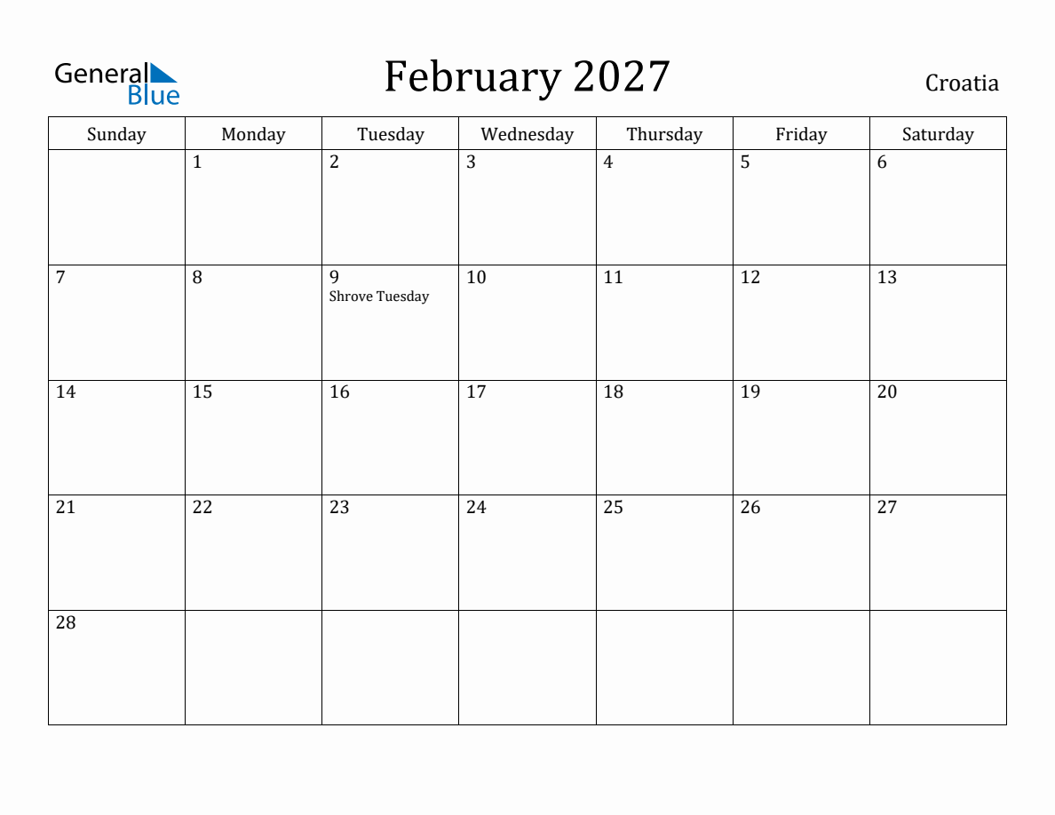 February 2027 Monthly Calendar with Croatia Holidays