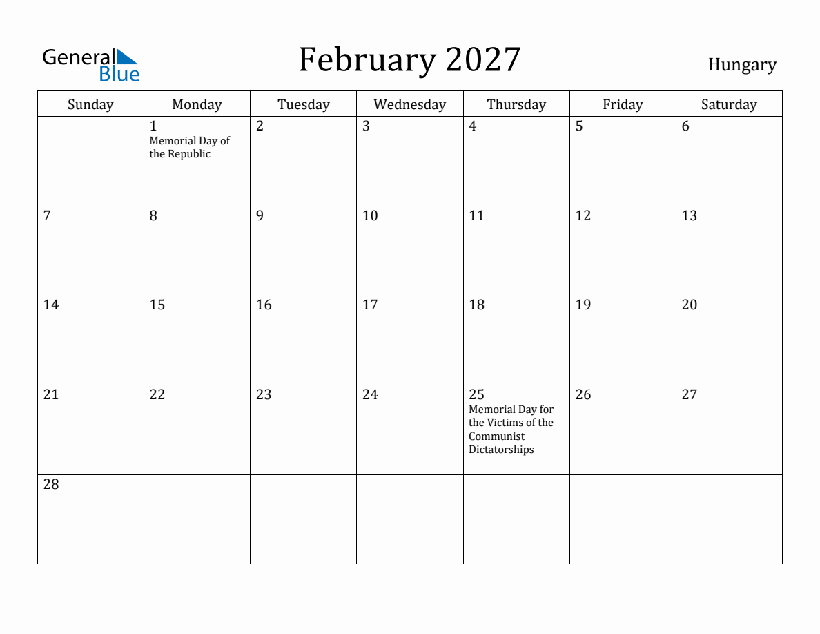 February 2027 Monthly Calendar with Hungary Holidays