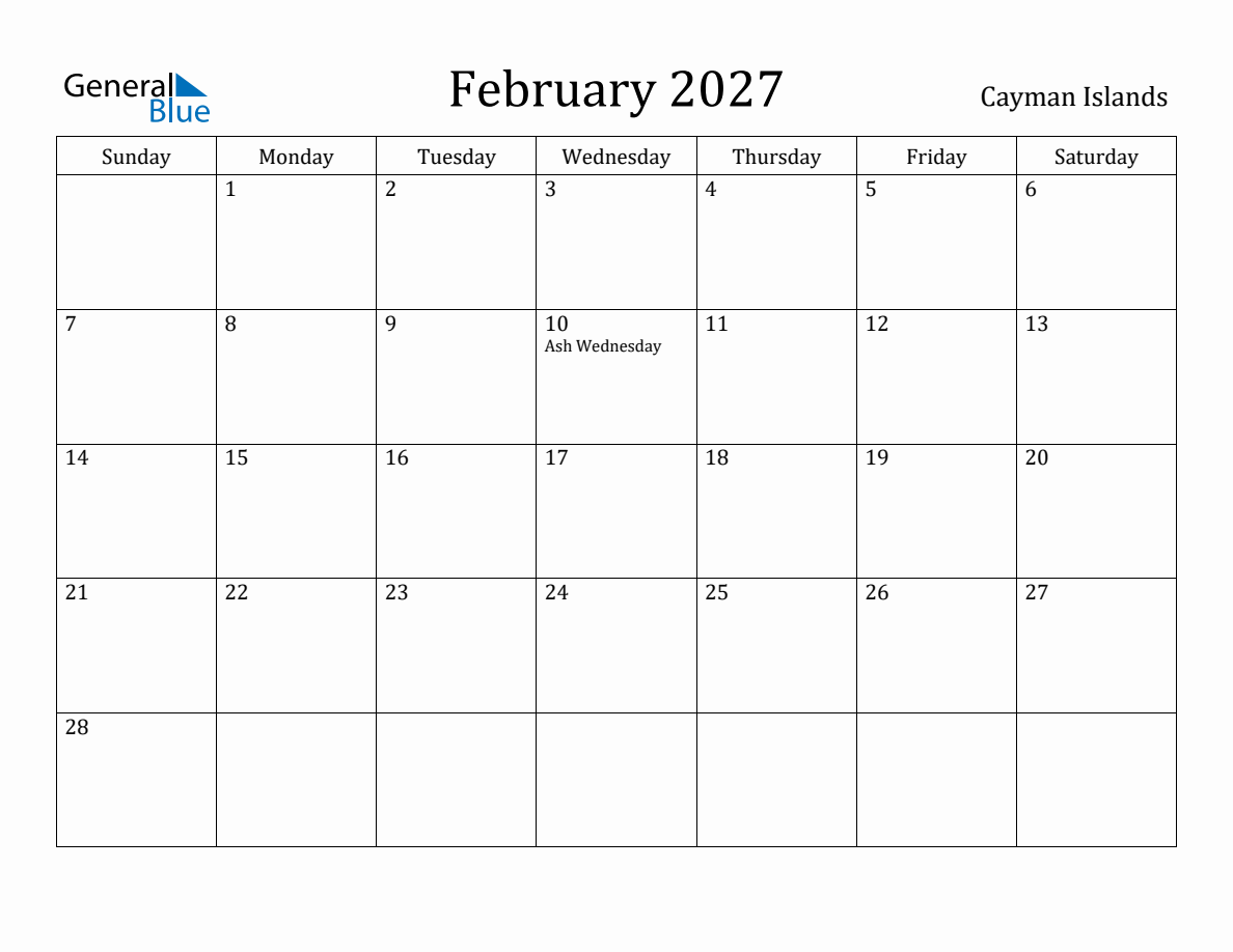 February 2027 Monthly Calendar with Cayman Islands Holidays