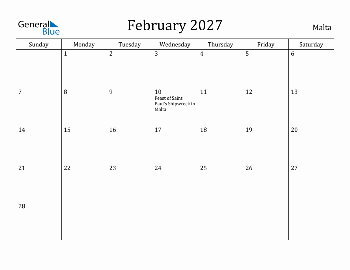 February 2027 Monthly Calendar with Malta Holidays