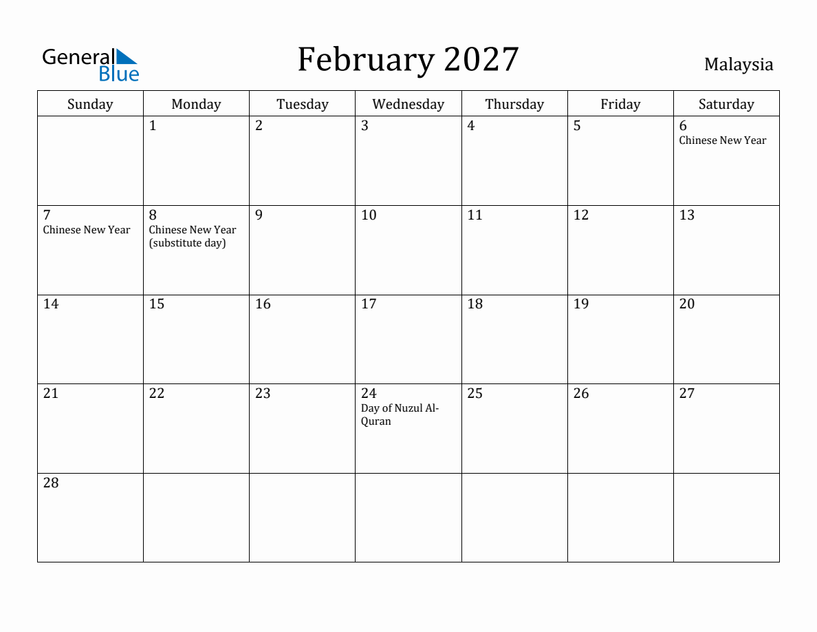 February 2027 Monthly Calendar with Malaysia Holidays