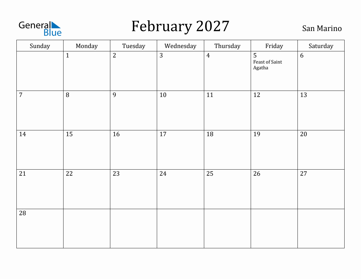 February 2027 Monthly Calendar with San Marino Holidays