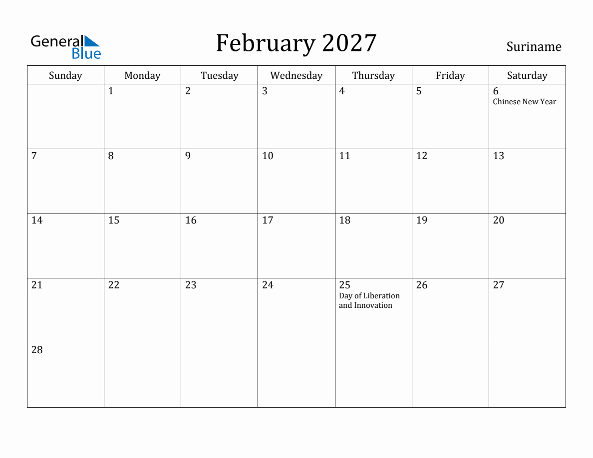 February 2027 Monthly Calendar with Suriname Holidays