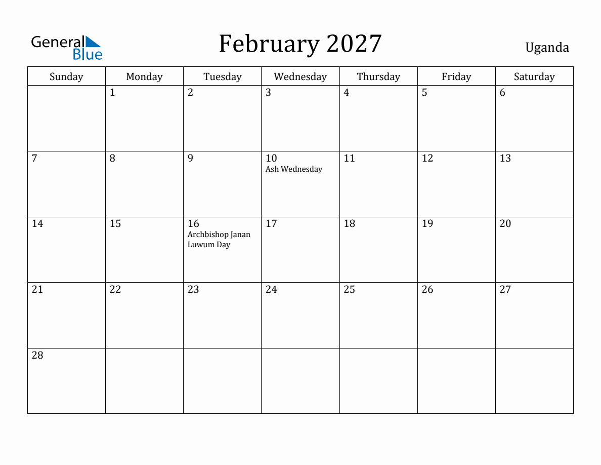 February 2027 Monthly Calendar with Uganda Holidays
