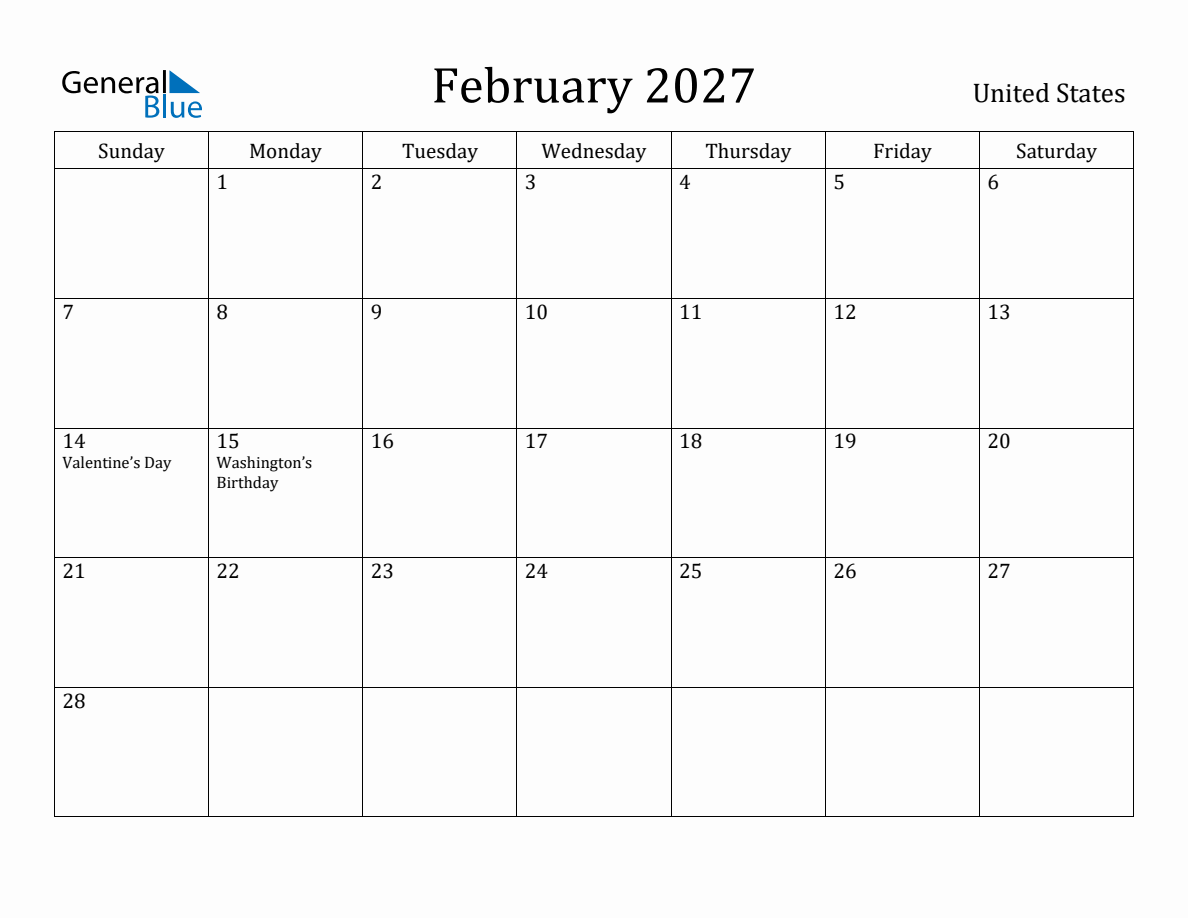 February 2027 Monthly Calendar with United States Holidays