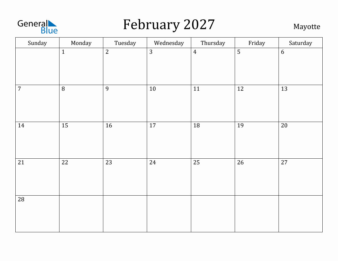 February 2027 Monthly Calendar with Mayotte Holidays