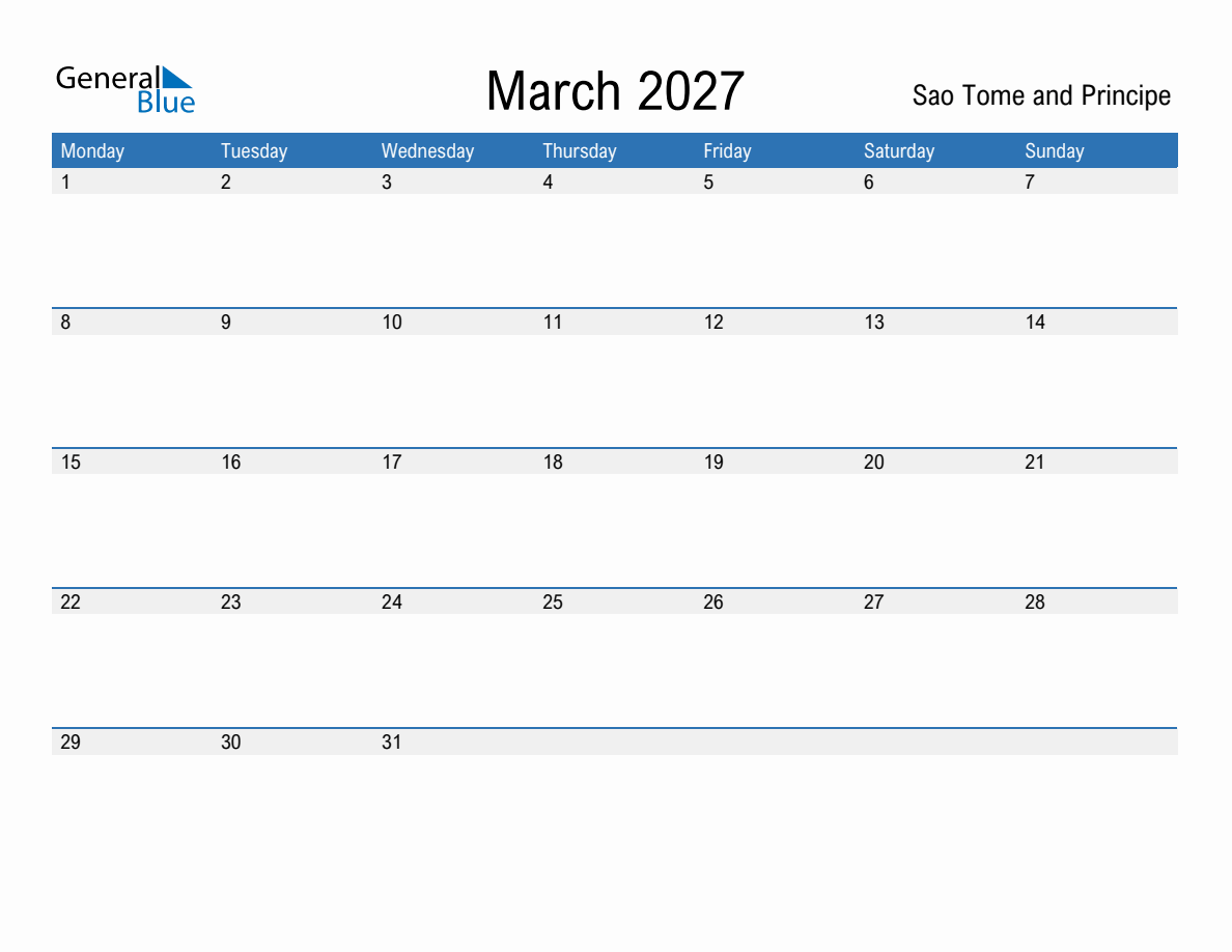 Editable March 2027 Calendar with Sao Tome and Principe Holidays ...