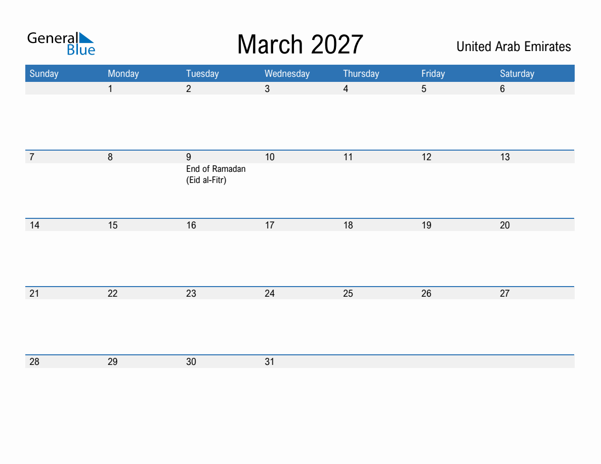 March 2027 Monthly Calendars with United Arab Emirates Holidays
