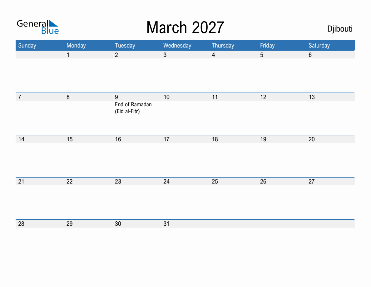 March 2027 Monthly Calendars with Djibouti Holidays