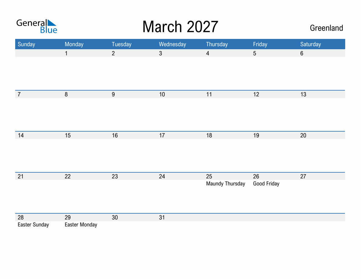 March 2027 Monthly Calendars with Greenland Holidays