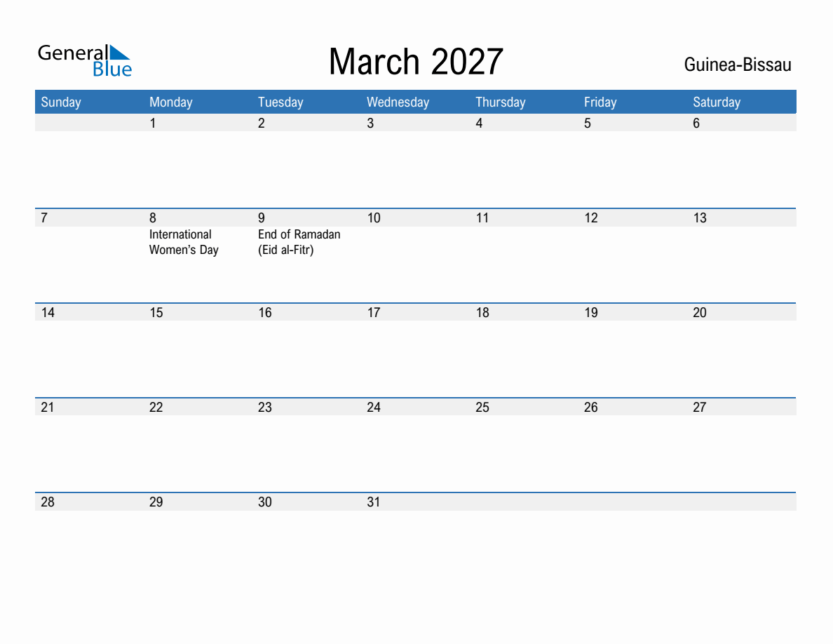 March 2027 Monthly Calendars with Guinea-Bissau Holidays
