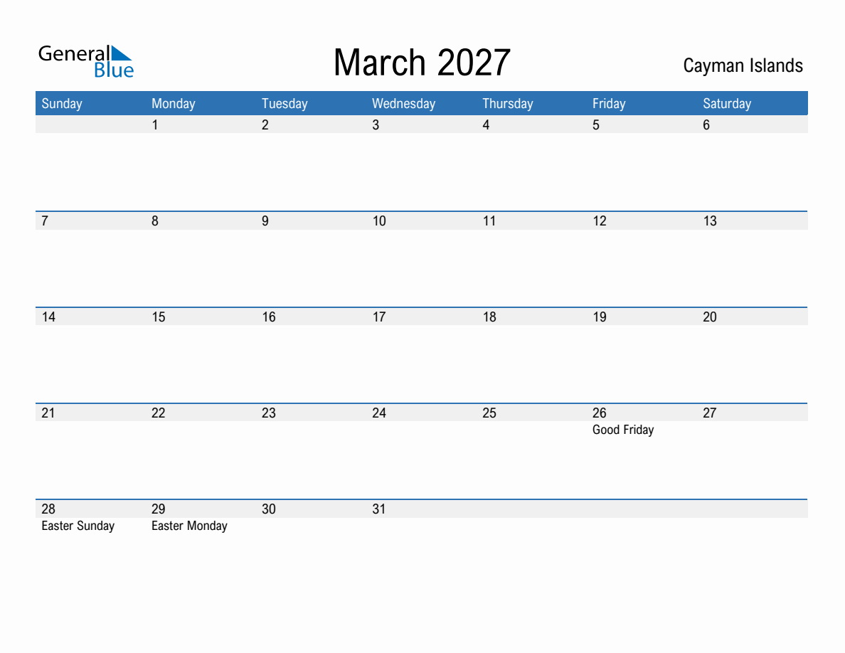 March 2027 Monthly Calendars with Cayman Islands Holidays