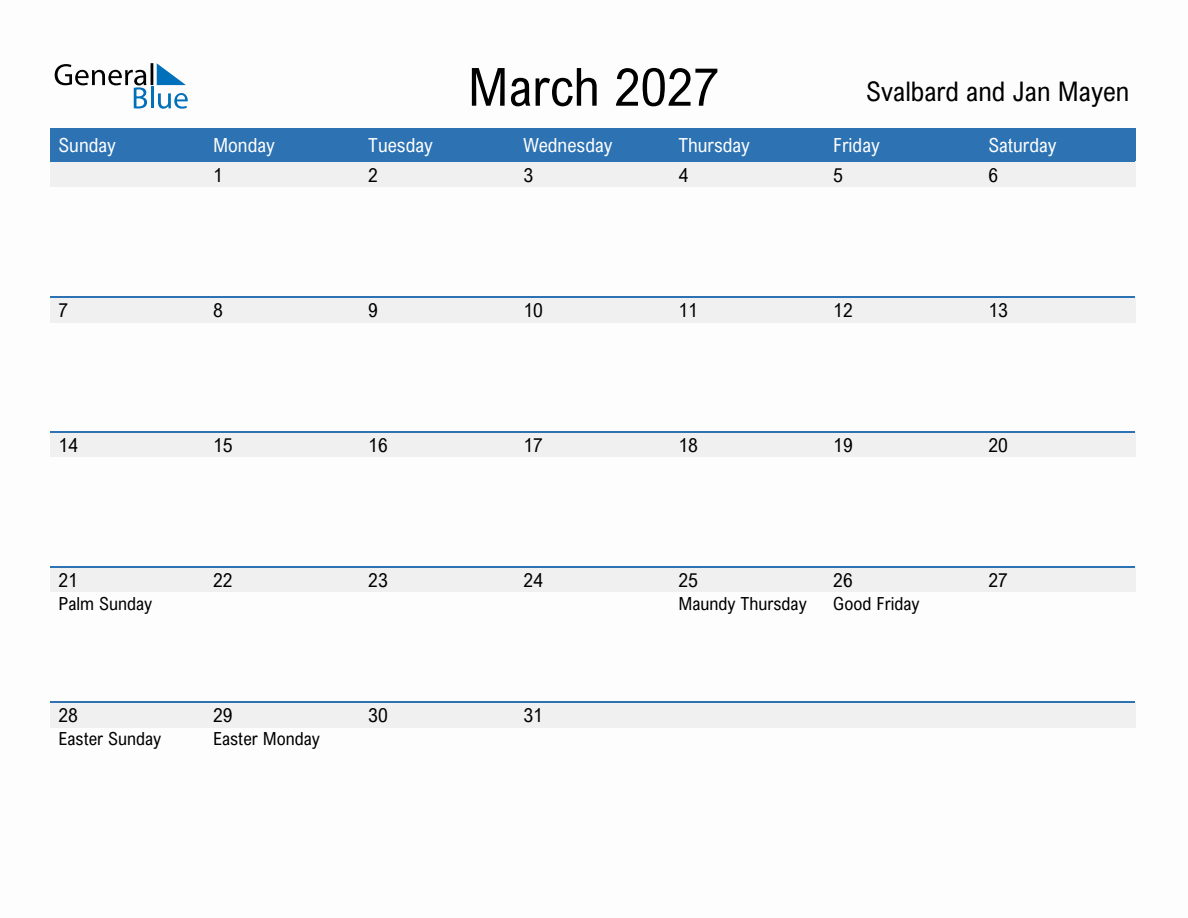 March 2027 Monthly Calendars with Svalbard and Jan Mayen Holidays