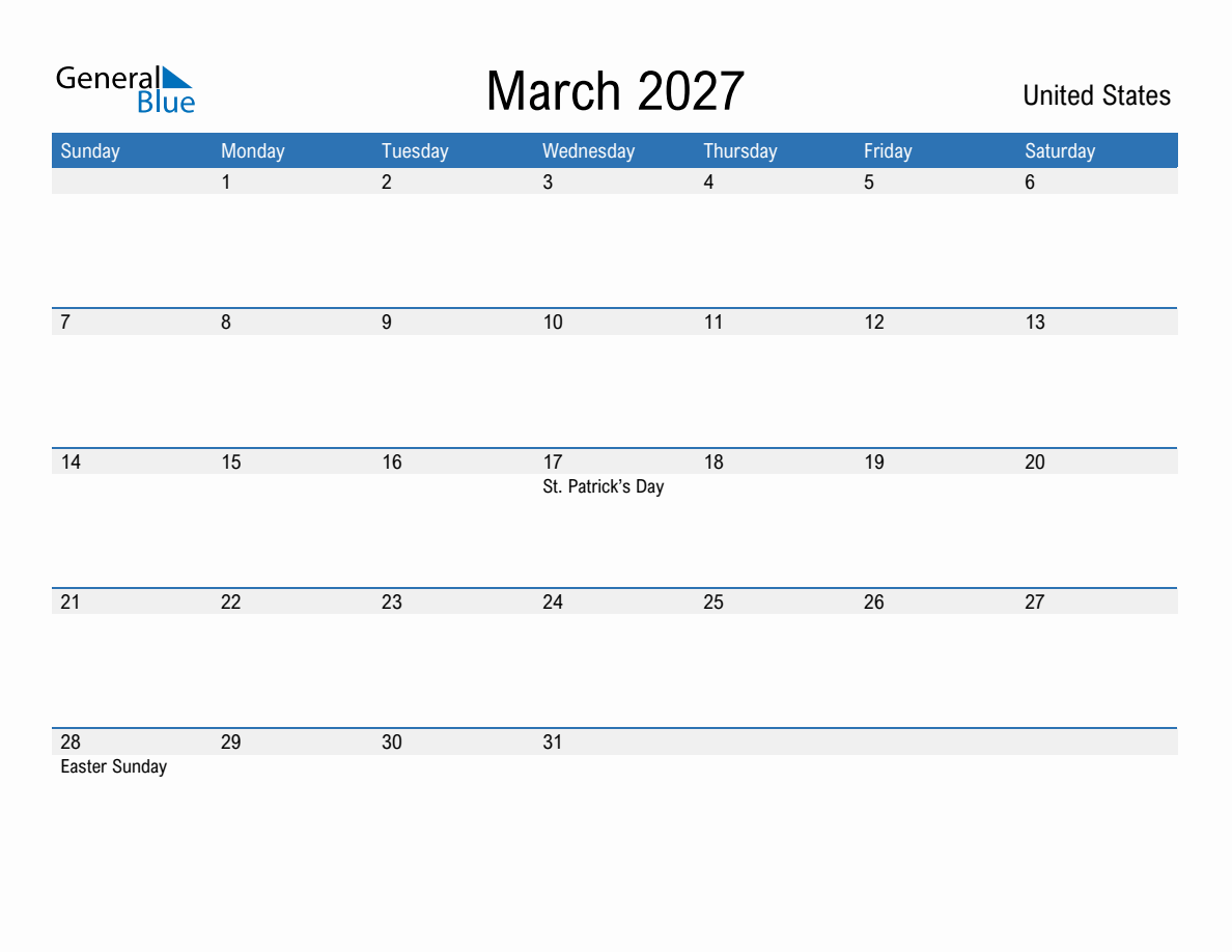 March 2027 Monthly Calendars with United States Holidays