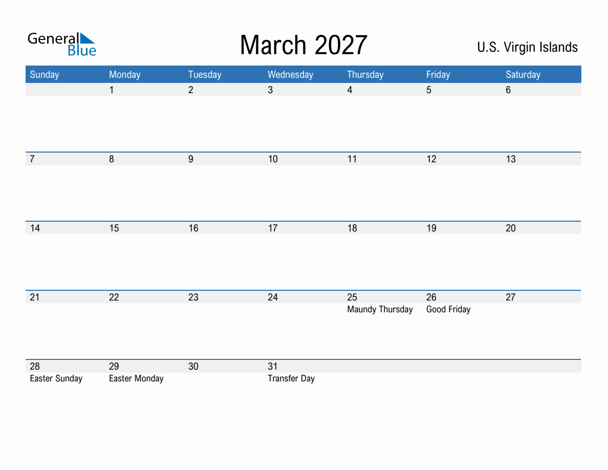 March 2027 Monthly Calendars with U.S. Virgin Islands Holidays
