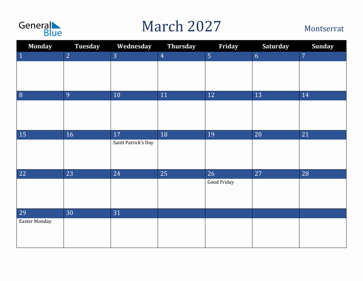 March 2027 Montserrat Holiday Calendar (Monday Start)