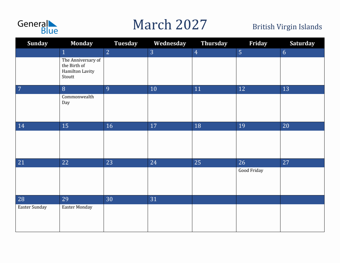 March 2027 British Virgin Islands Holiday Calendar