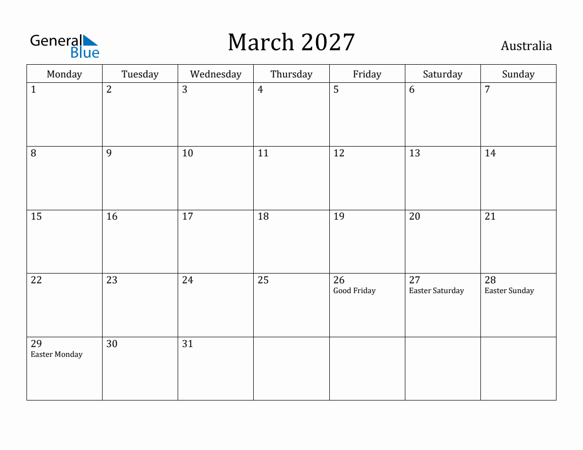 March 2027 Monthly Calendar with Australia Holidays (Monday Start)