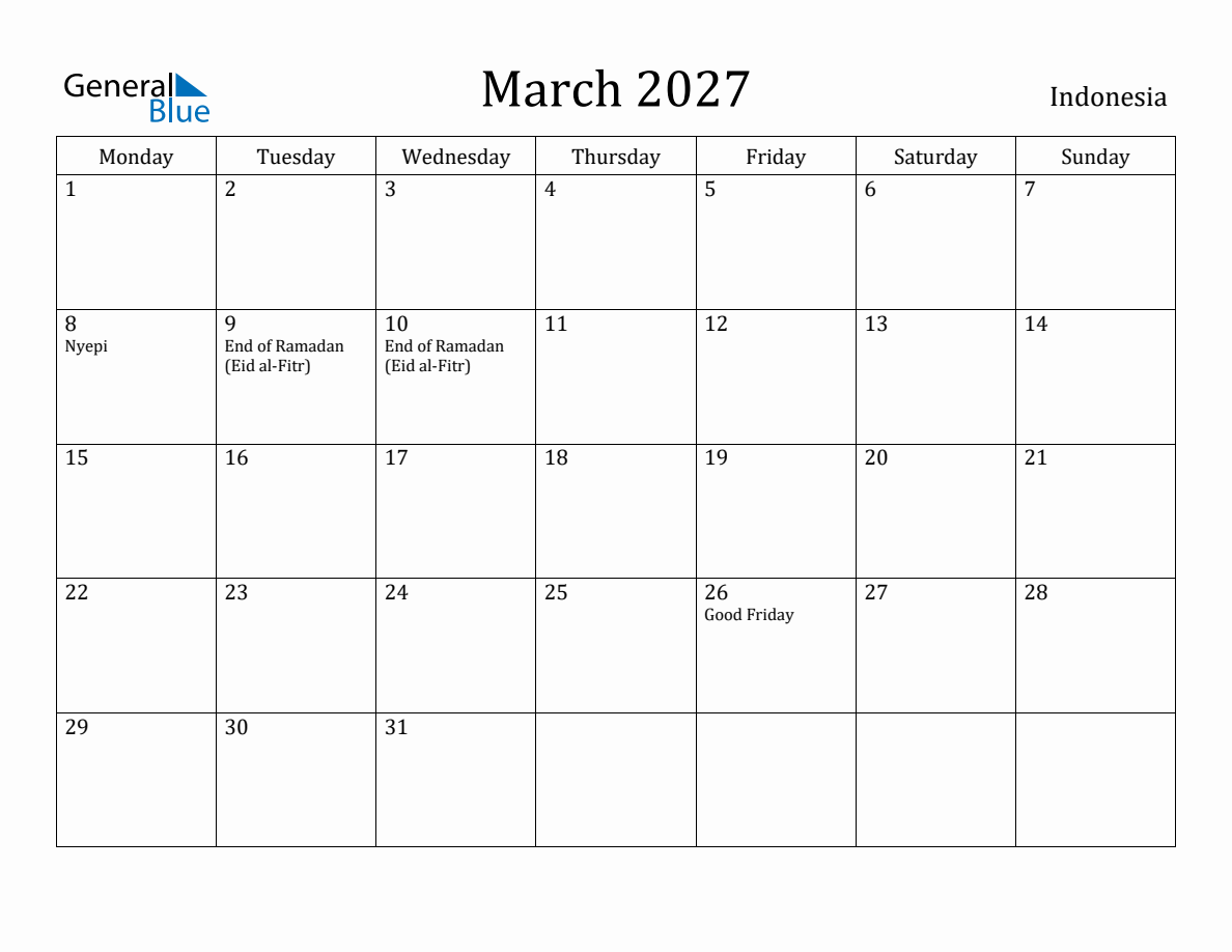 March 2027 Monthly Calendar with Indonesia Holidays (Monday Start)