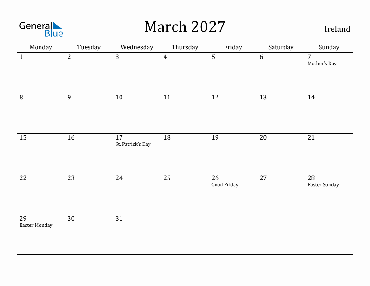 March 2027 Monthly Calendar with Ireland Holidays (Monday Start)