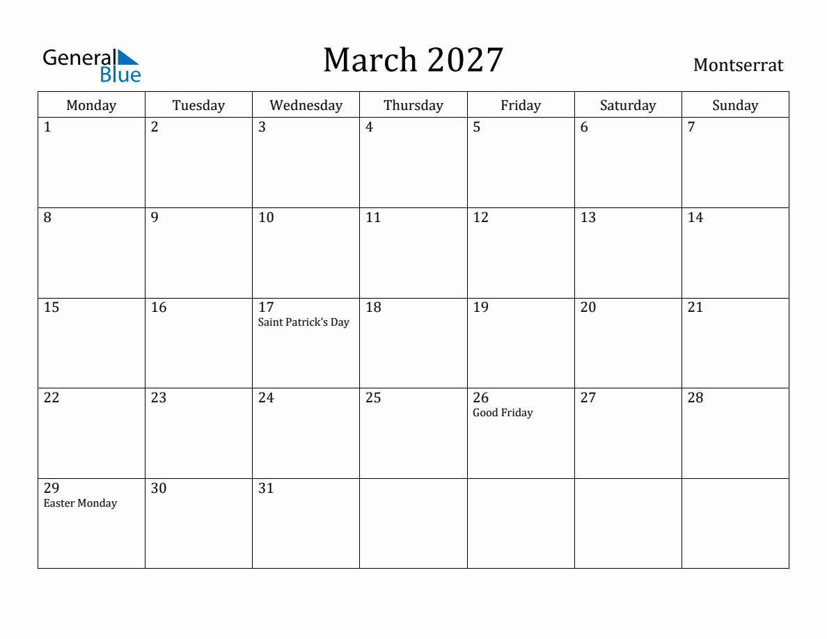 March 2027 Monthly Calendar with Montserrat Holidays (Monday Start)