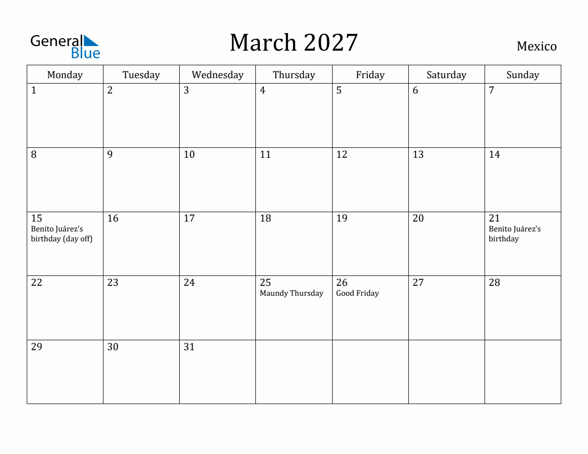 Mexico Monthly Calendar - March 2027 (Monday Start)