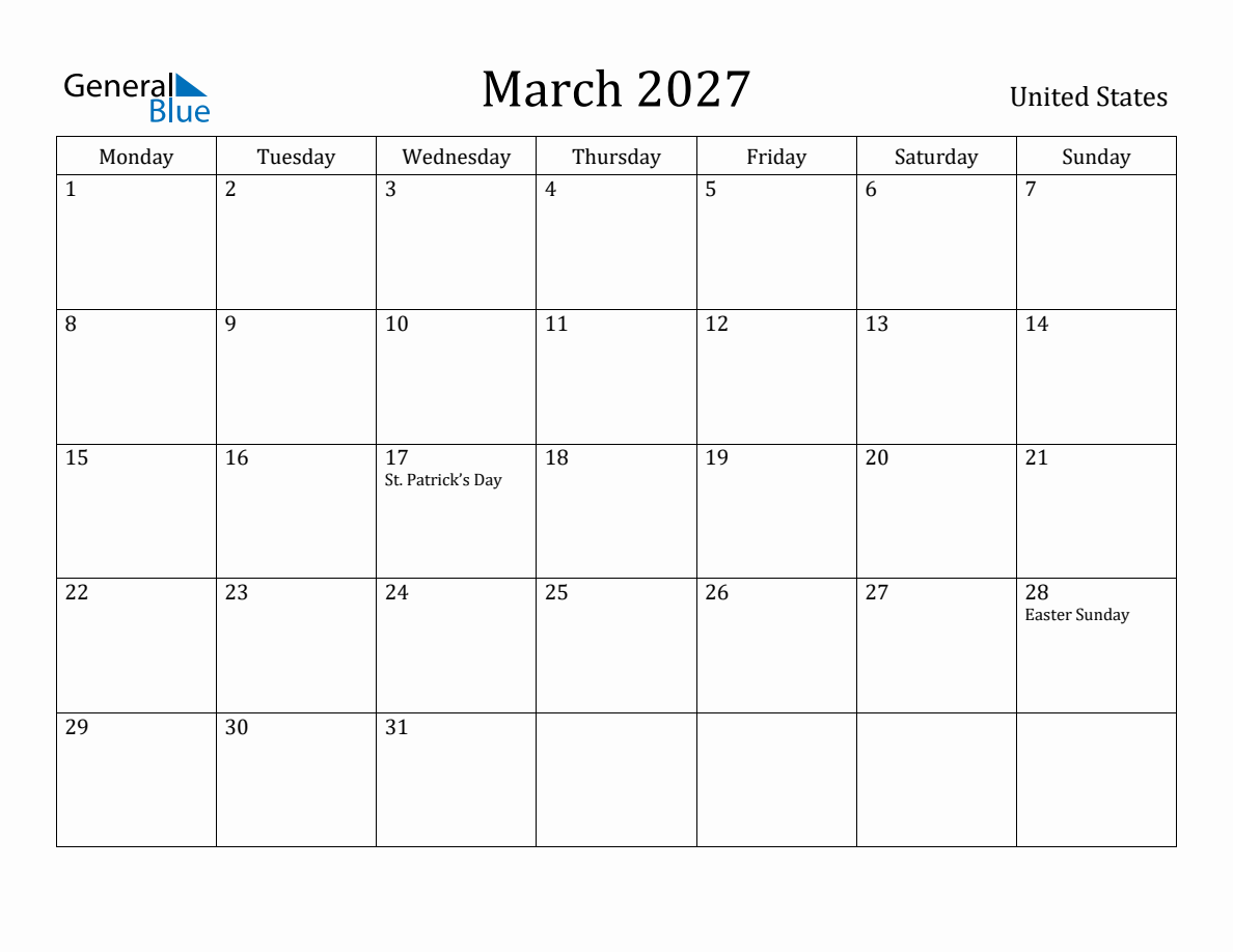 United States Monthly Calendar - March 2027 (Monday Start)