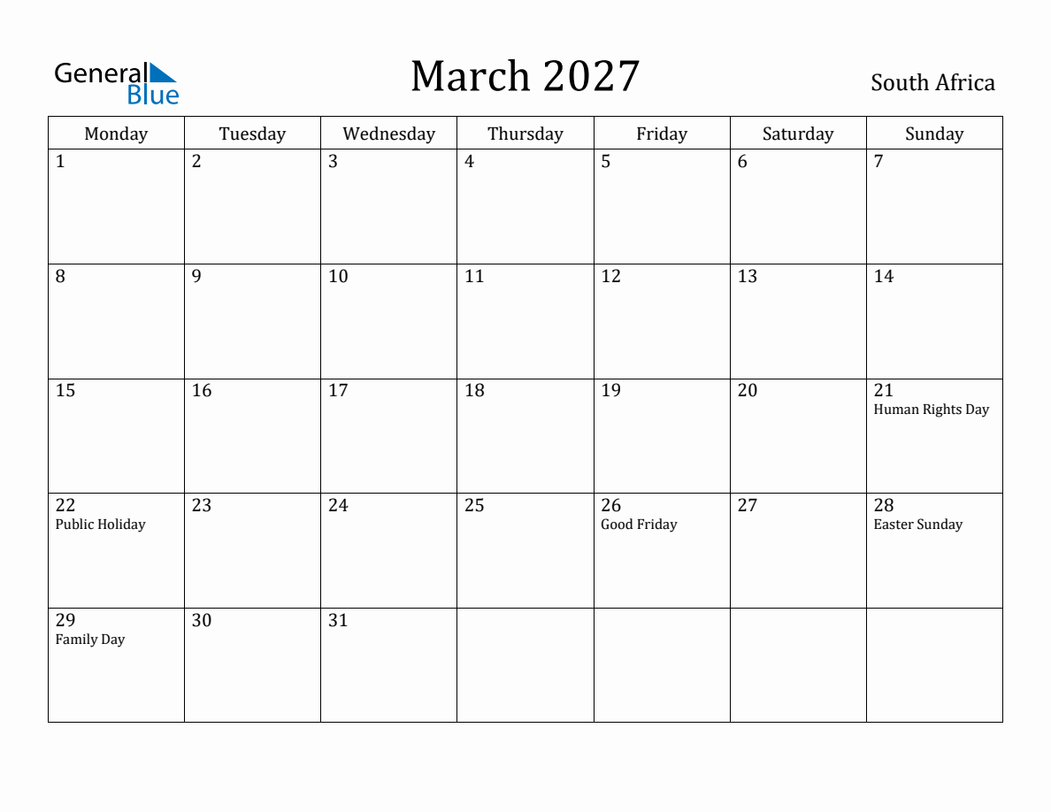 March 2027 Monthly Calendar with South Africa Holidays (Monday Start)