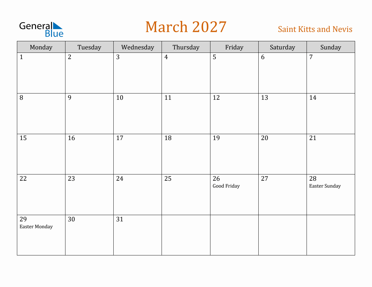 Free March 2027 Saint Kitts and Nevis Calendar (Monday Start)
