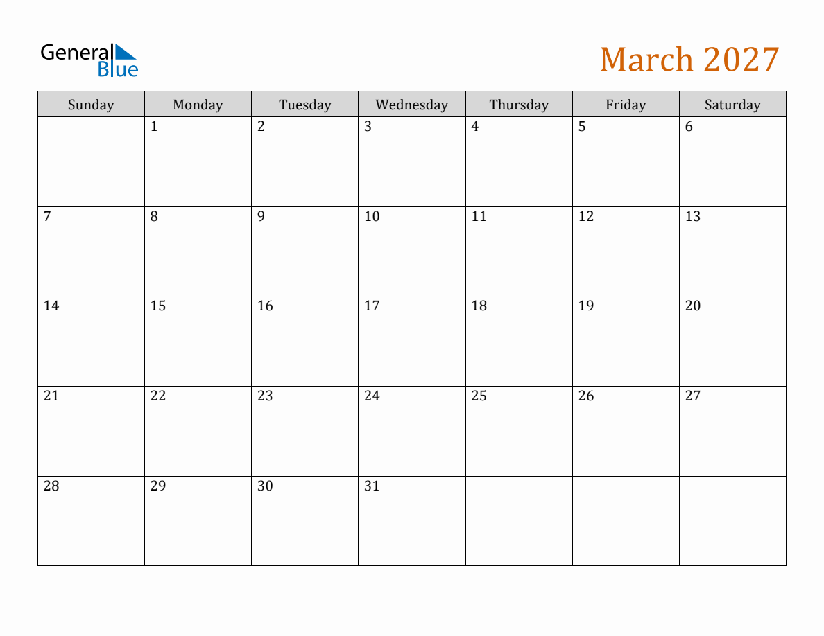 March 2027 Generic Monthly Calendar