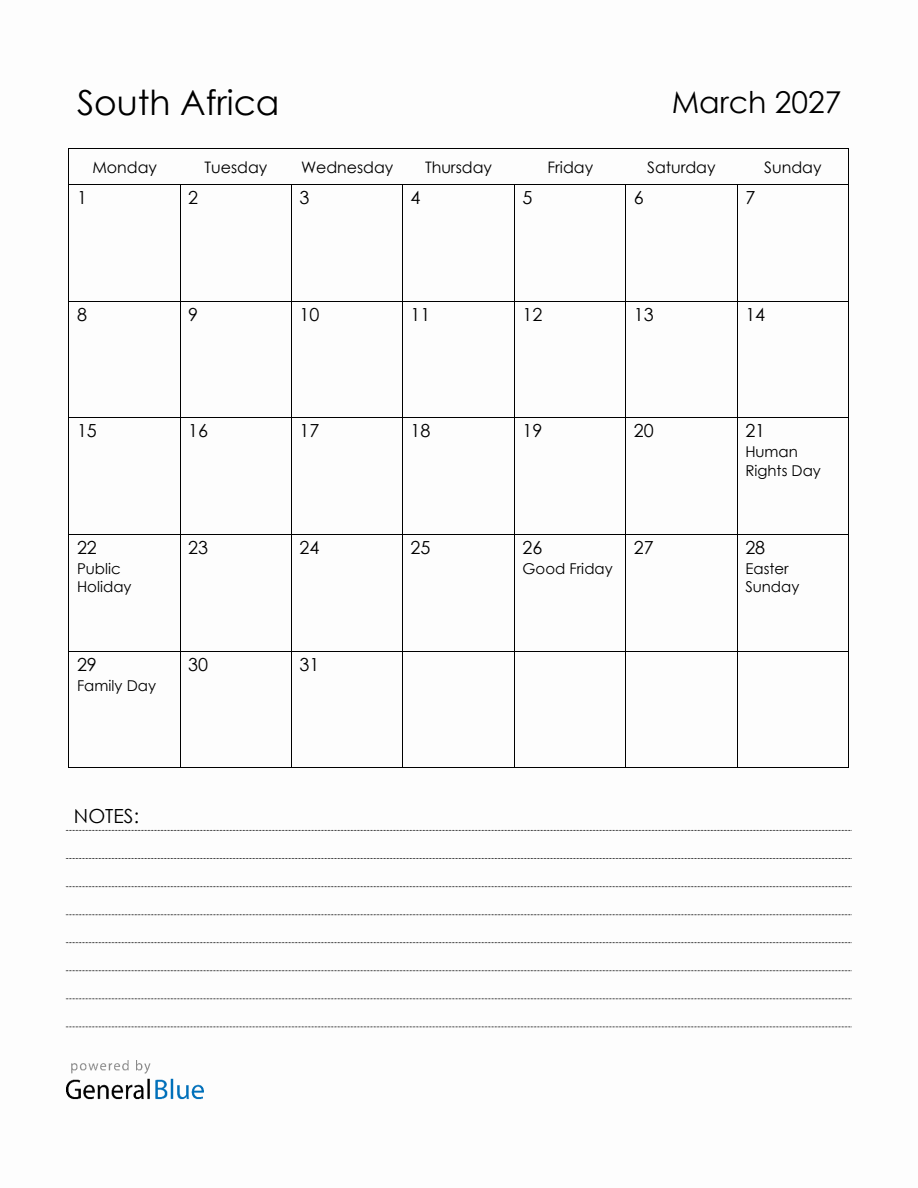 March 2027 South Africa Calendar with Holidays