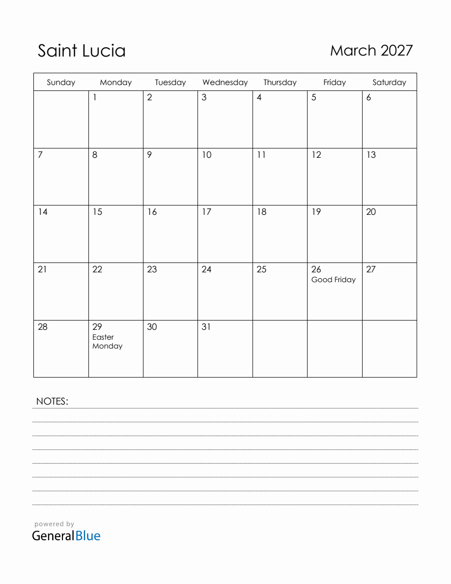 March 2027 Saint Lucia Calendar with Holidays