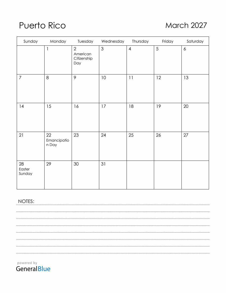 March 2027 Puerto Rico Calendar with Holidays