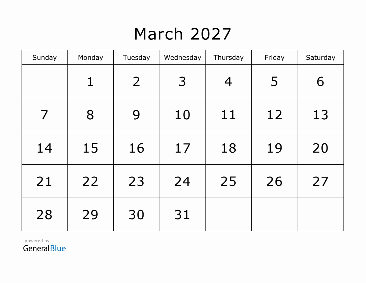 Printable March 2027 Calendar