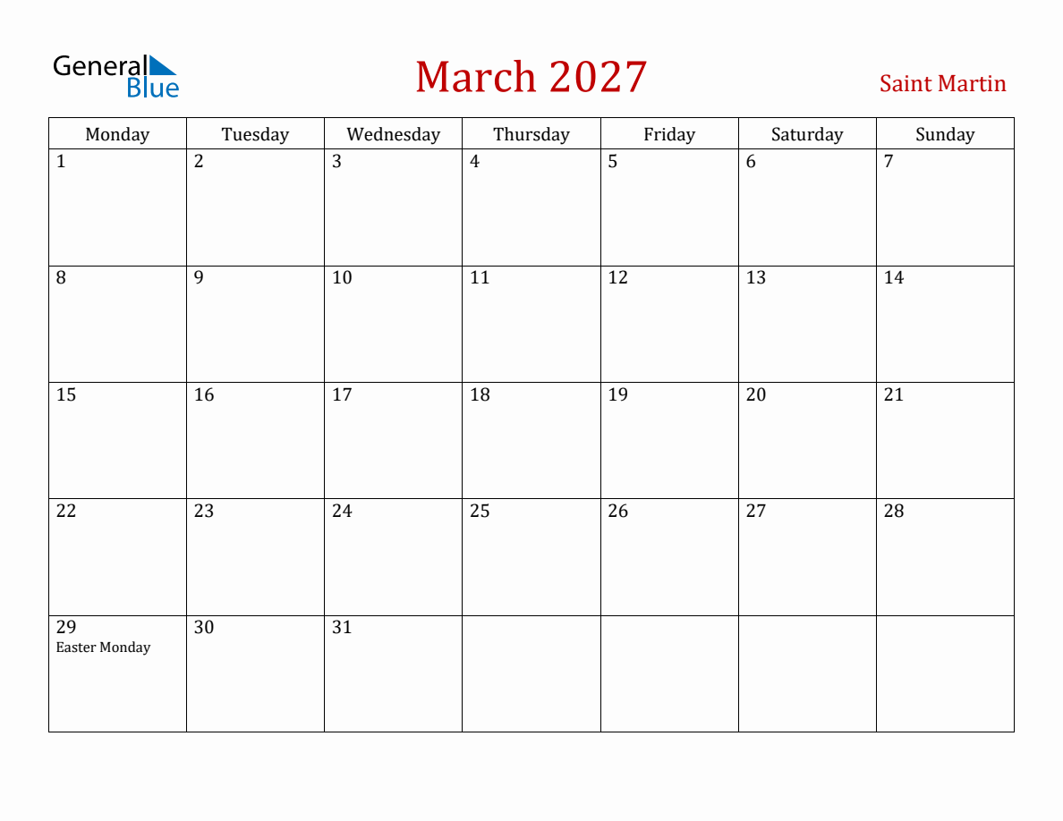 March 2027 Saint Martin Monthly Calendar with Holidays (Monday Start)